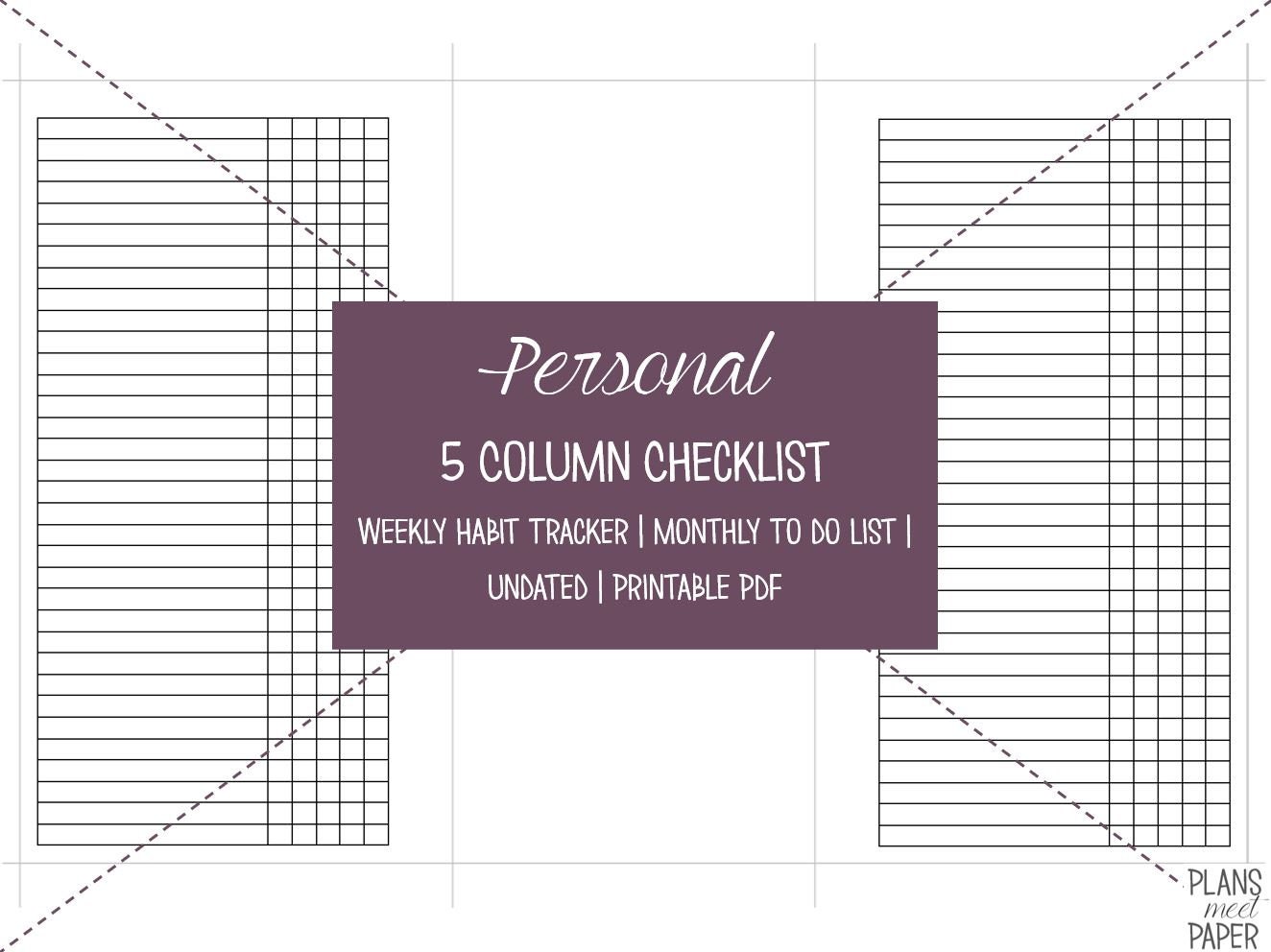 PRINTABLE Personal 5 Column Checklist or Habit Tracker Insert - Etsy