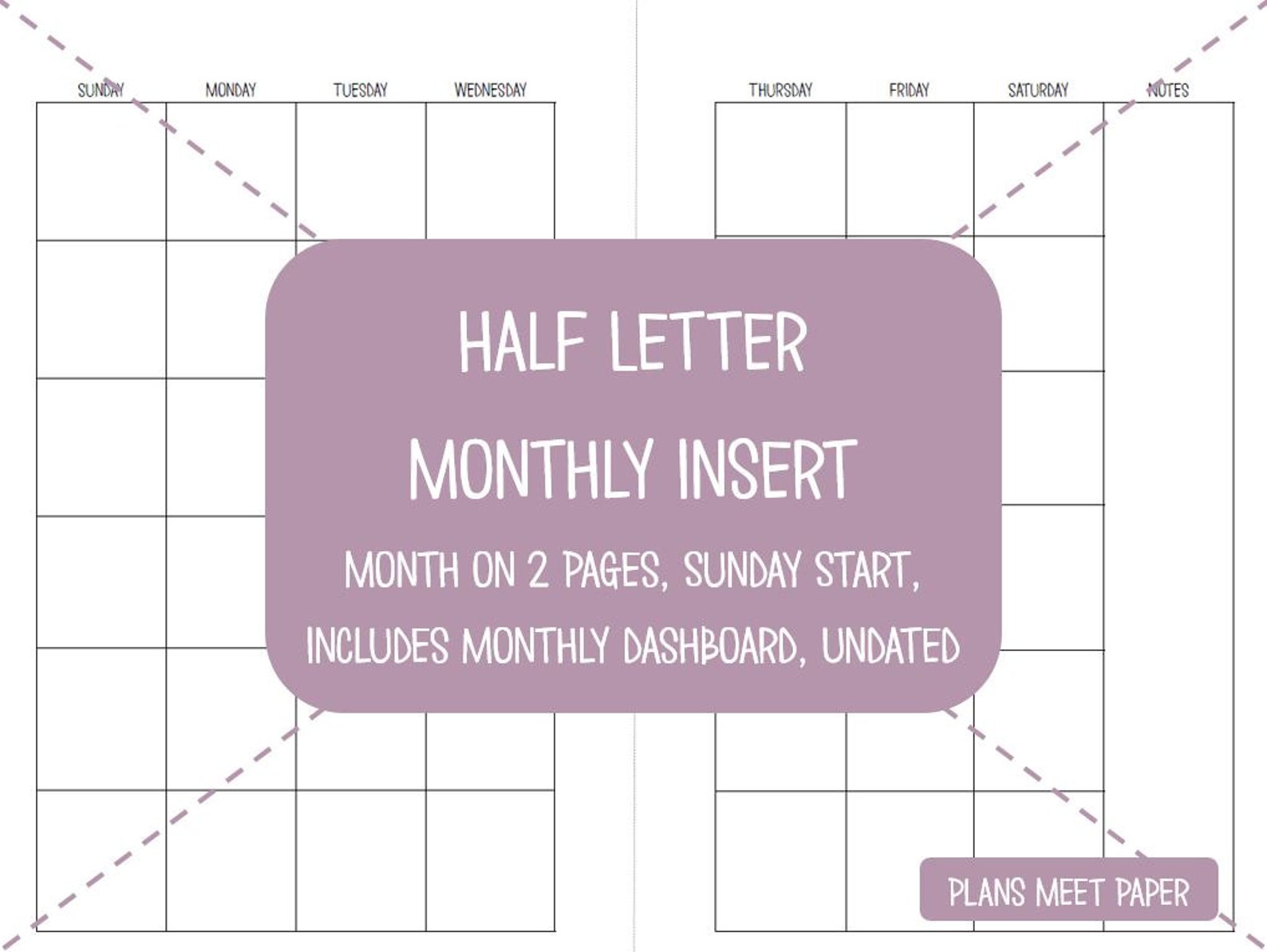 PRINTABLE Half Letter Month on Two Pages Insert, Undated, Includes ...