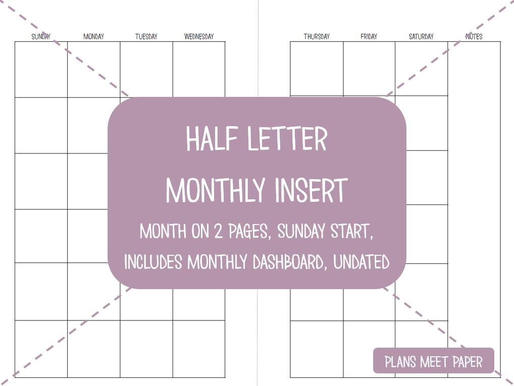 PRINTABLE Half Letter Month on Two Pages Insert, Undated, Includes ...
