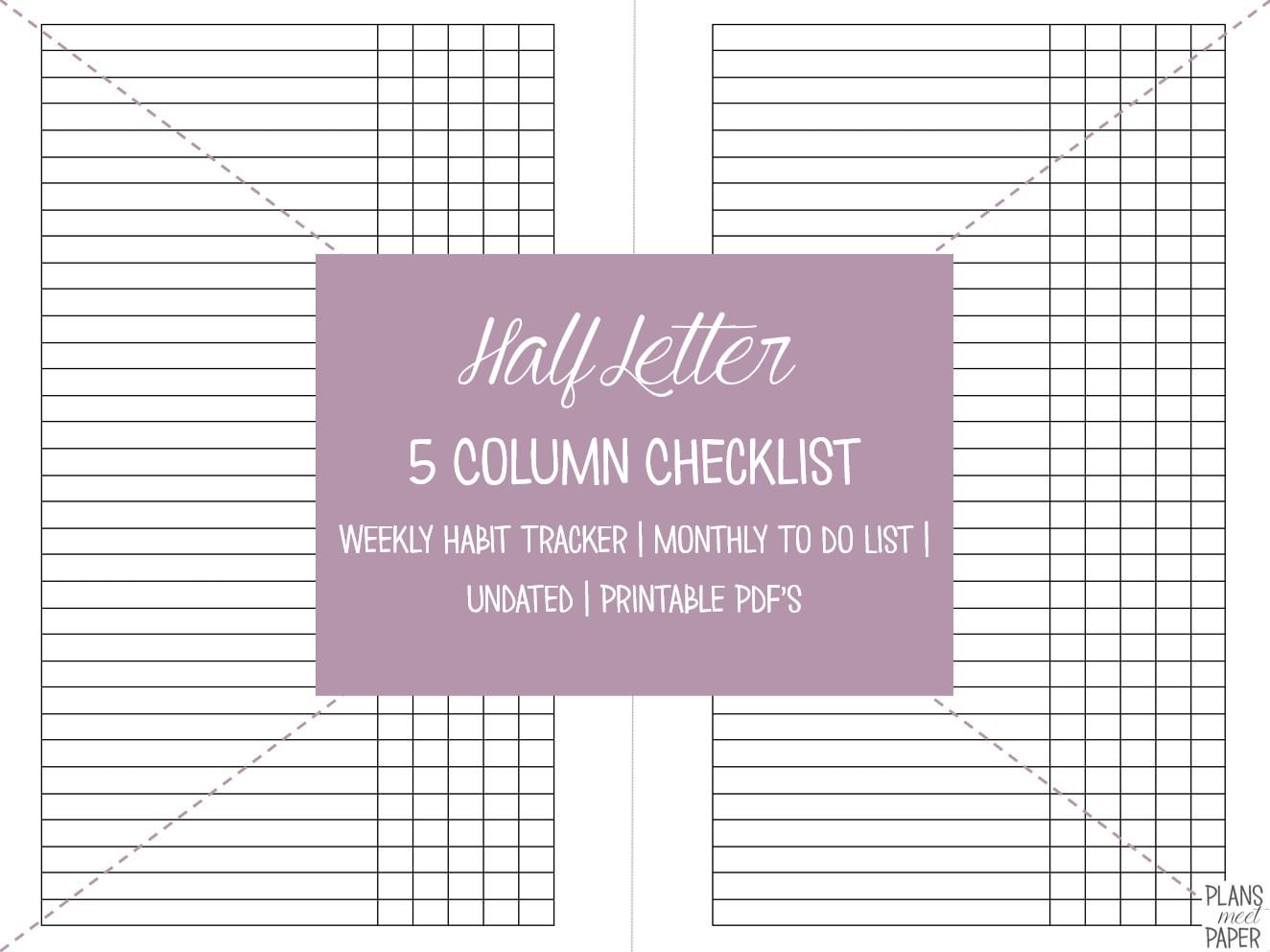 PRINTABLE Half Letter 5 Column Checklist or Habit Tracker Insert - Etsy