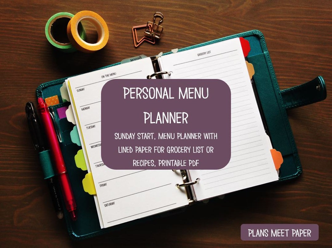 PRINTABLE Personal Weekly Menu Planner With Lined Paper for Grocery ...