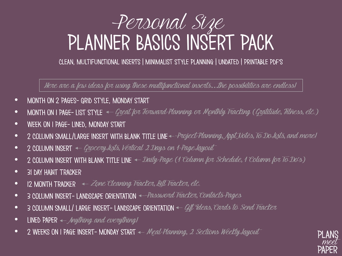 PRINTABLE Personal Size Planner Basics Insert Pack Clean - Etsy