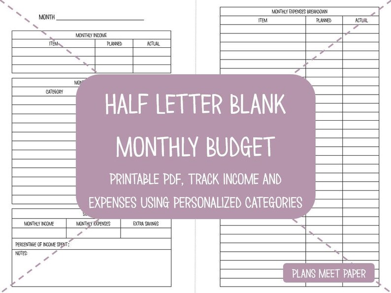 PRINTABLE Half Letter Monthly Budget- Blank Categories - Etsy