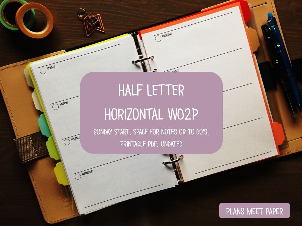 PRINTABLE Half Letter Horizontal Weekly Insert Week on 2 Pages Sunday ...