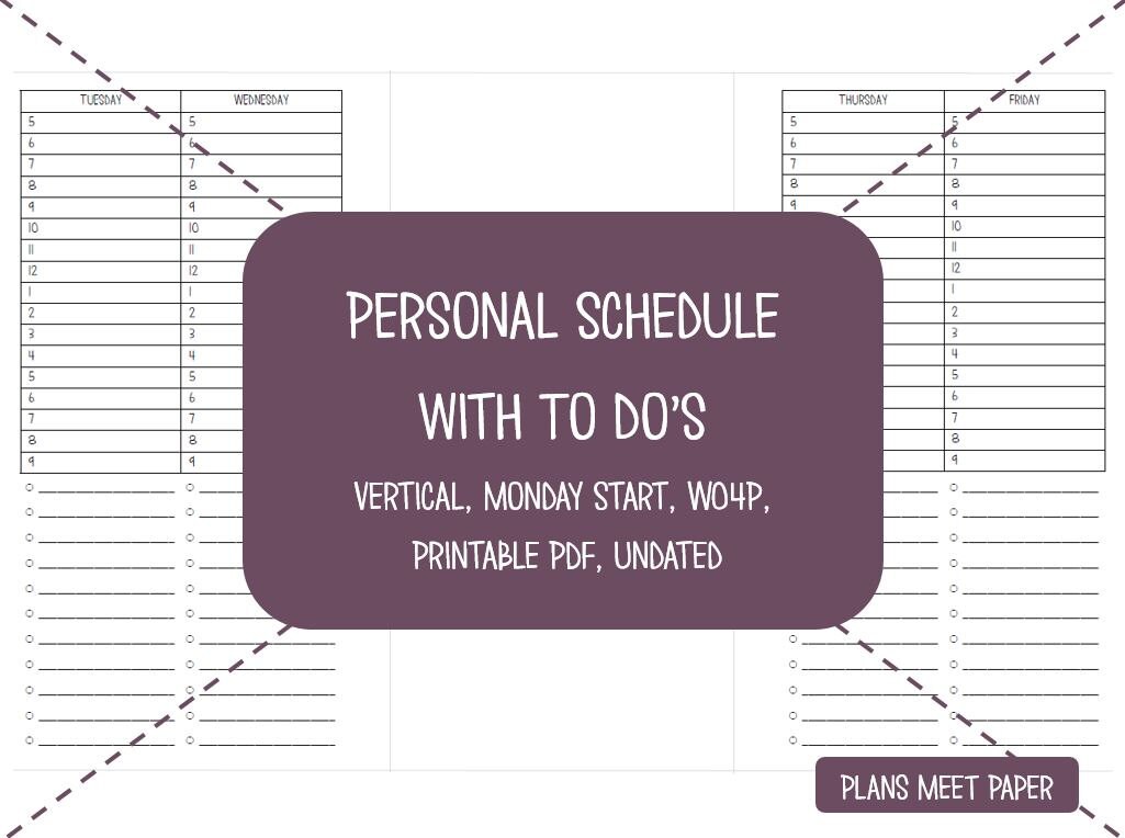 PRINTABLE Personal Vertical Schedule With to Dos Week on 4 Pages Monday ...