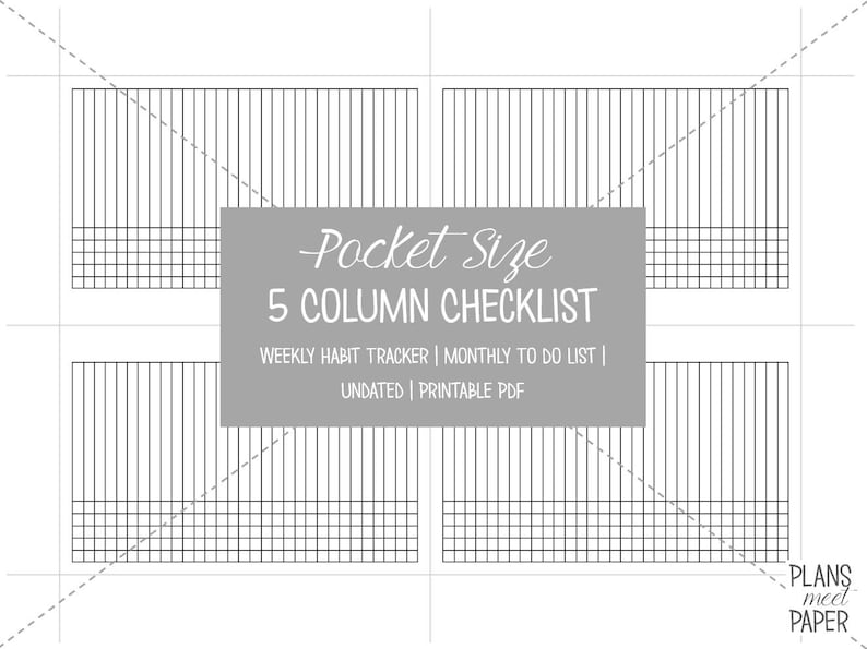 PRINTABLE Pocket Size 5 Column Checklist or Habit Tracker Insert - Etsy