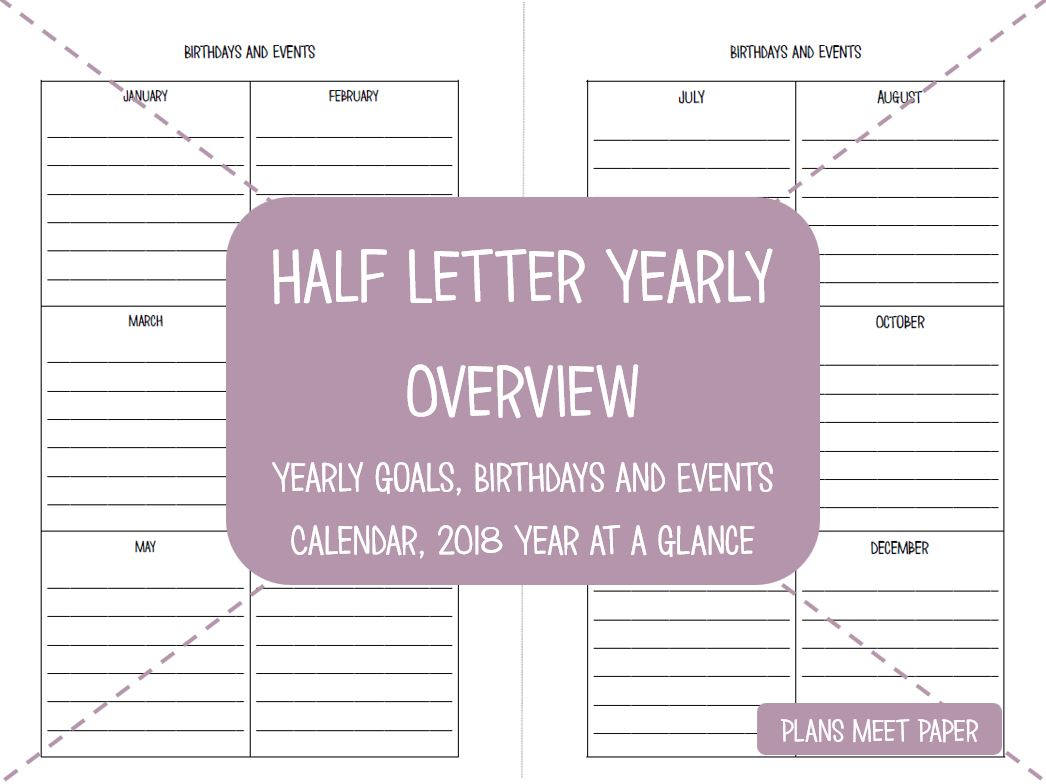 PRINTABLE Half Letter Yearly Overview, Goals, Birthdays and Events ...