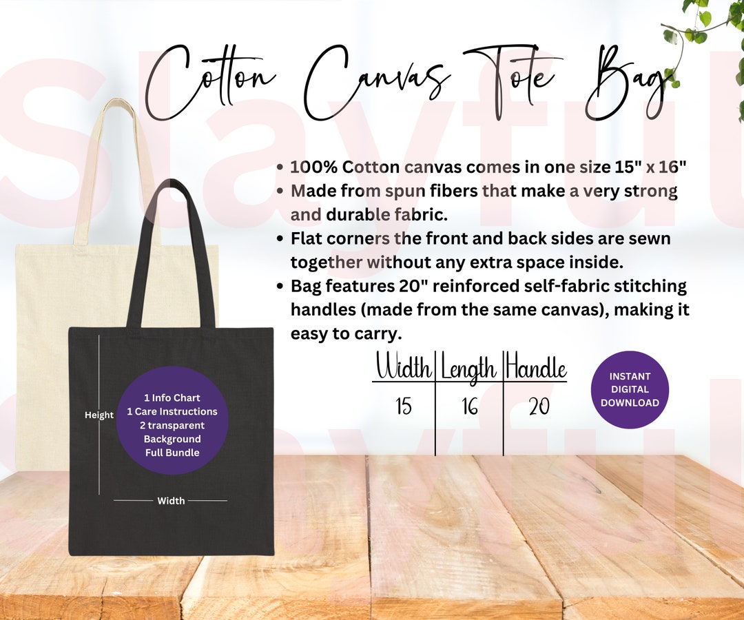 Canvas Tote Bag Size Chart, Features, Care Instructions Mockup, Cotton Tote Bags, Sizing Chart ...