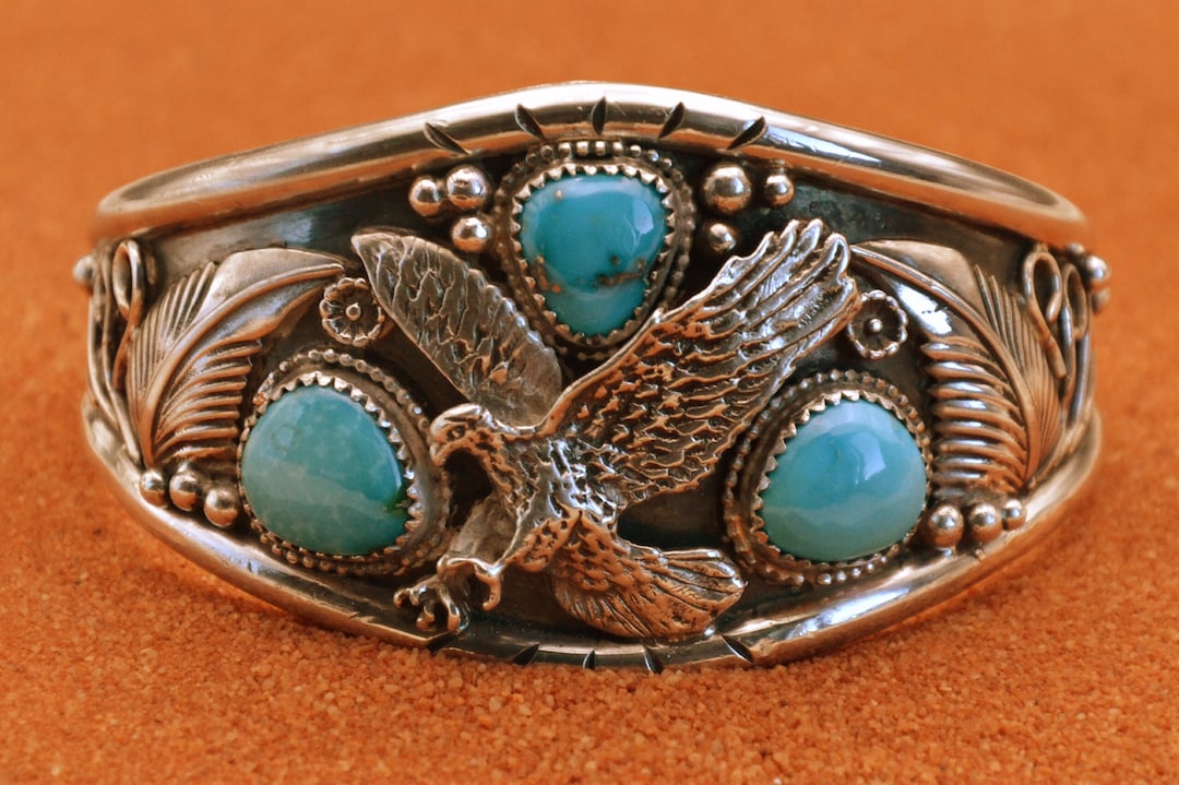 Man Cuff-eagle Bracelet-native American-sierra Blue Turquoise-sterling ...