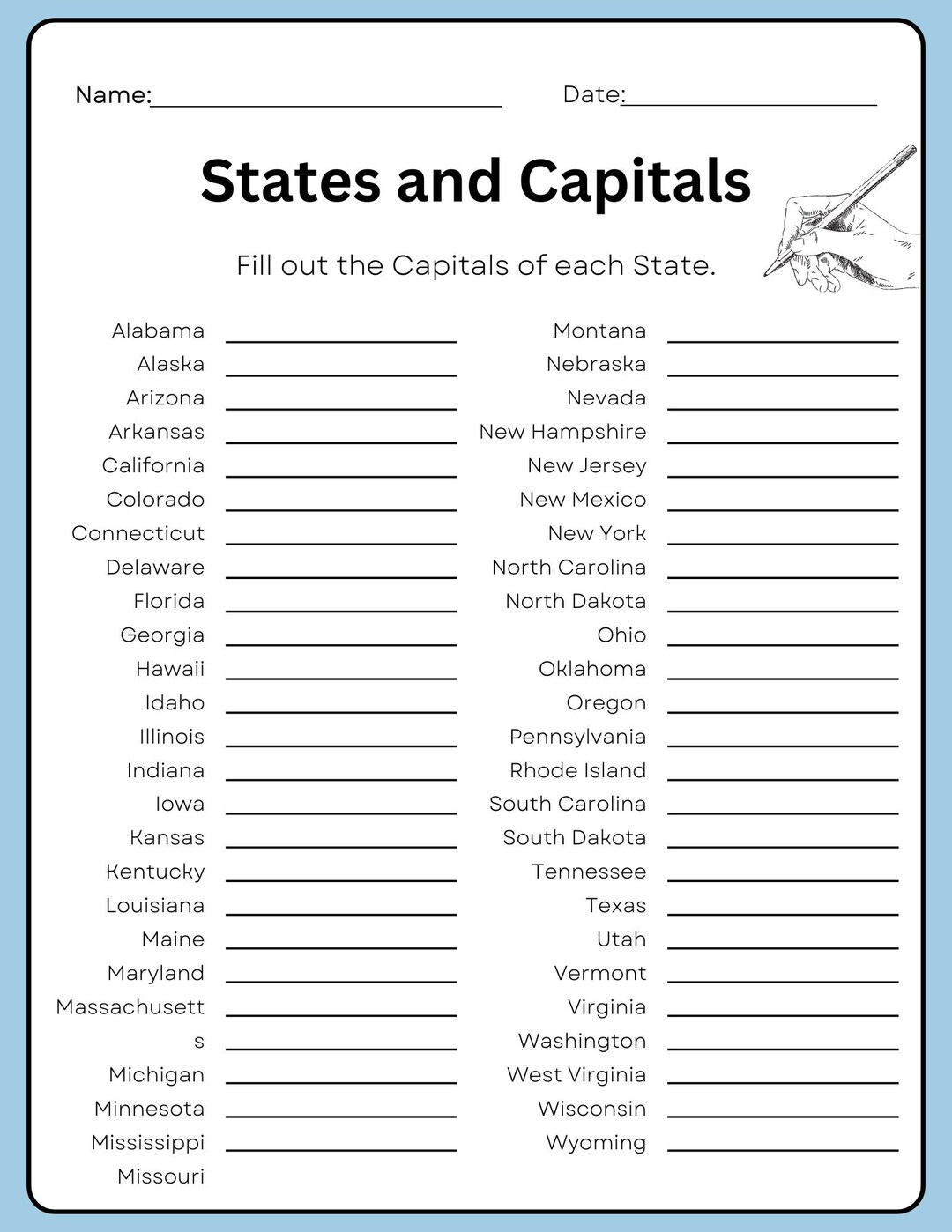 States and Capitol Worksheet and Answer Key - Etsy