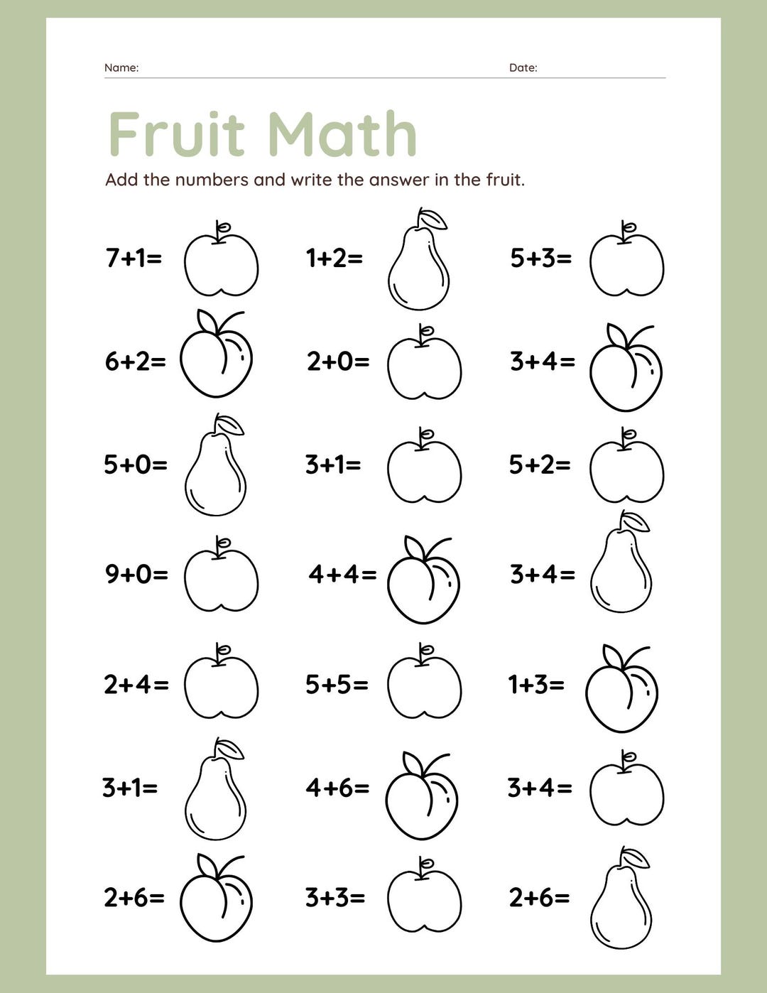 Fruit Math Worksheet - Etsy