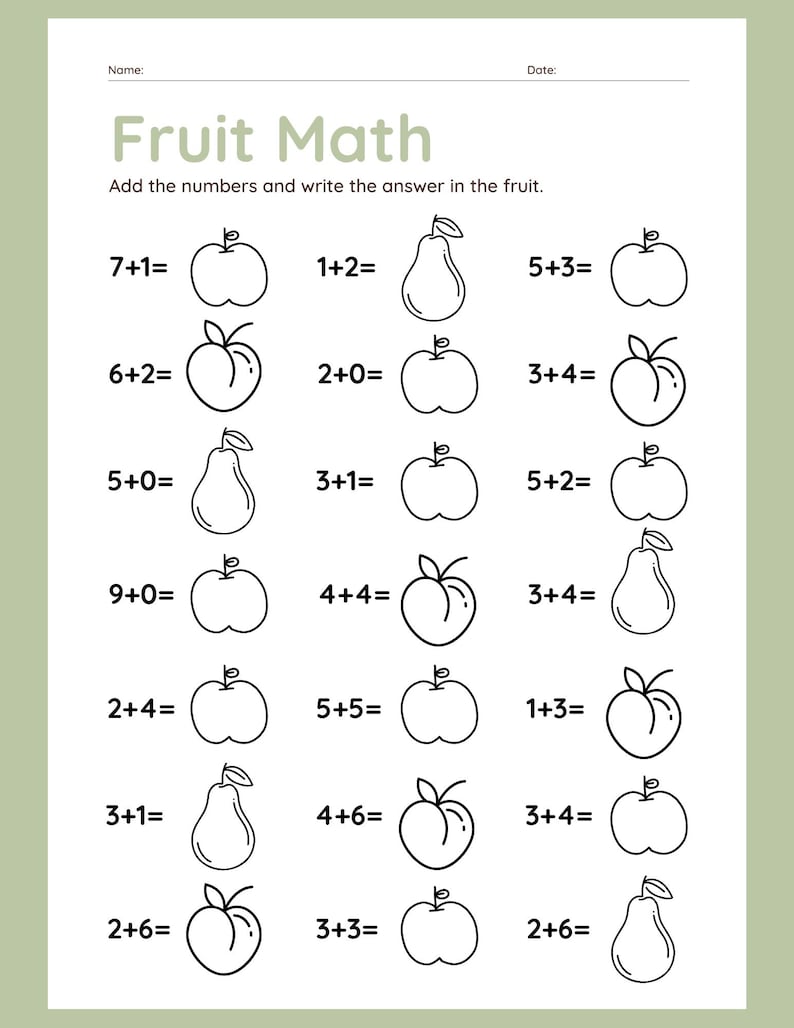 Fruit Math Worksheet - Etsy