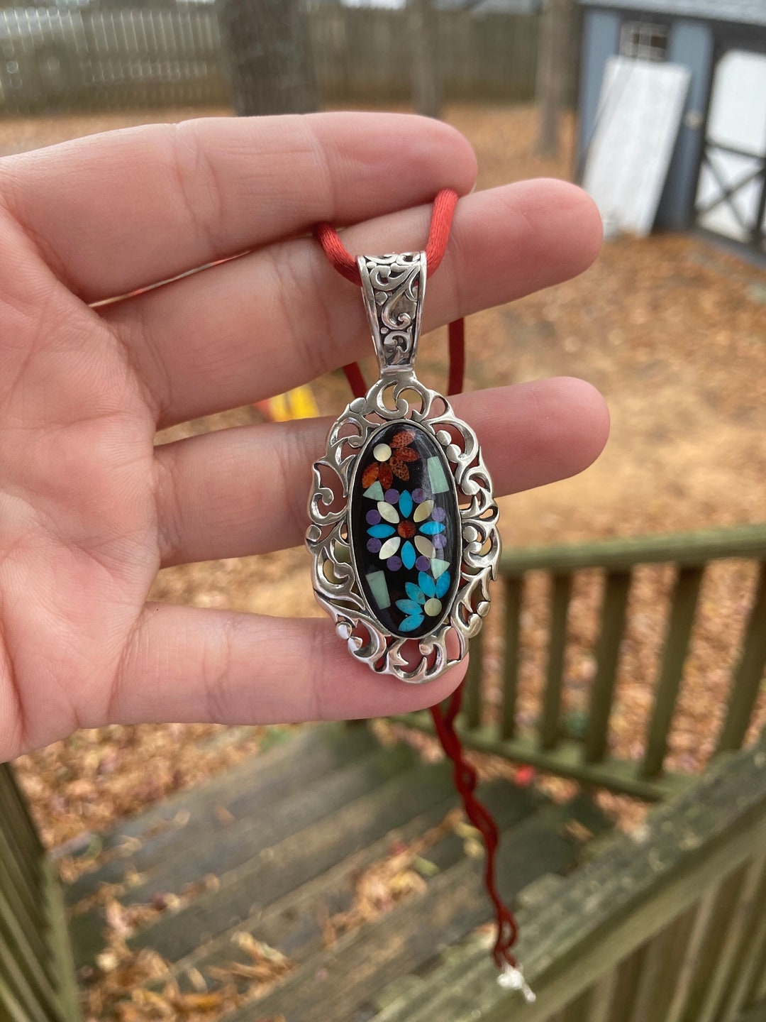Carolyn Pollack Sterling Silver Gemstone Inlay Floral Pendant Necklace ...