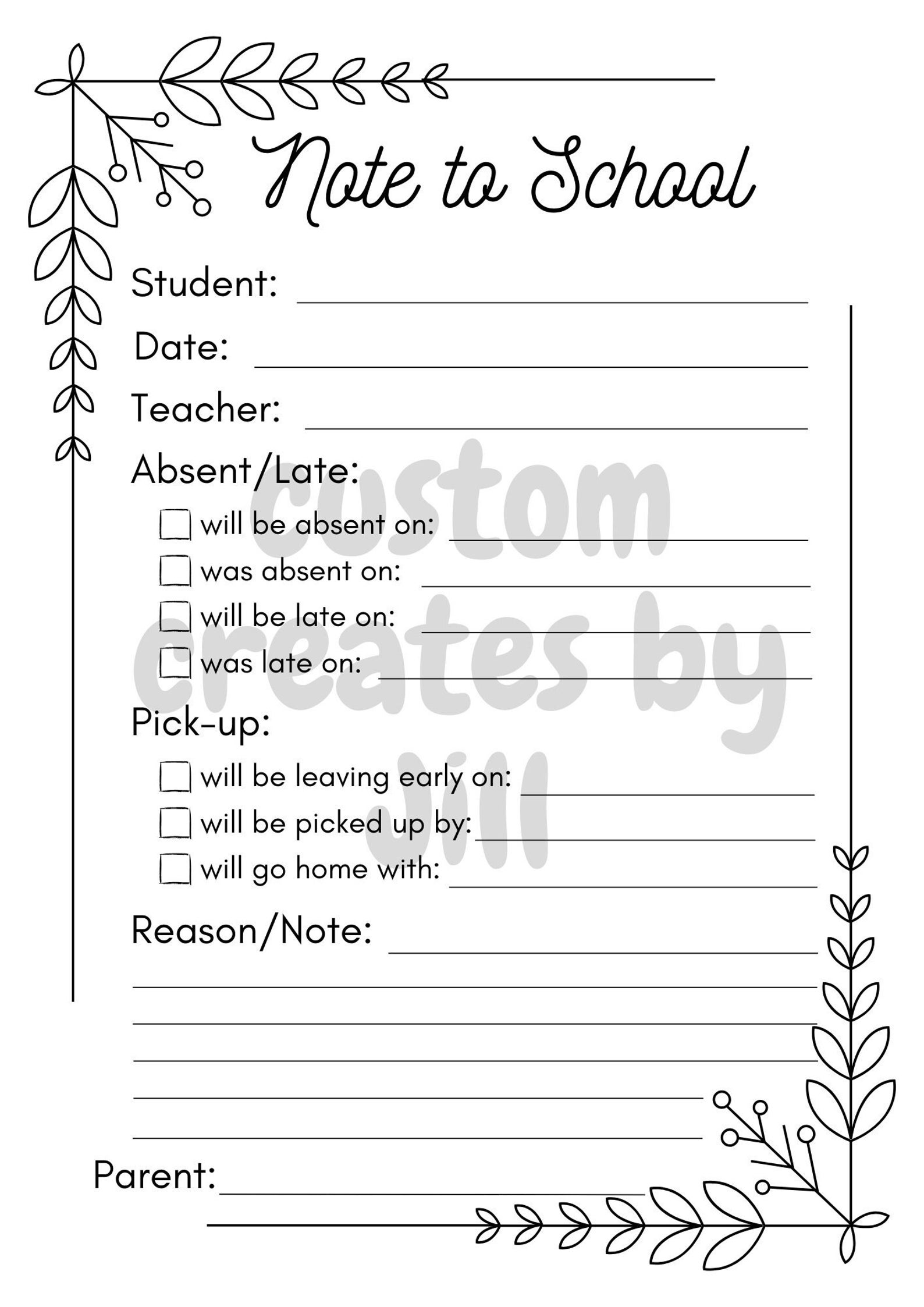 School Absent/late Note Digital File Printable - Letter and Half Letter ...
