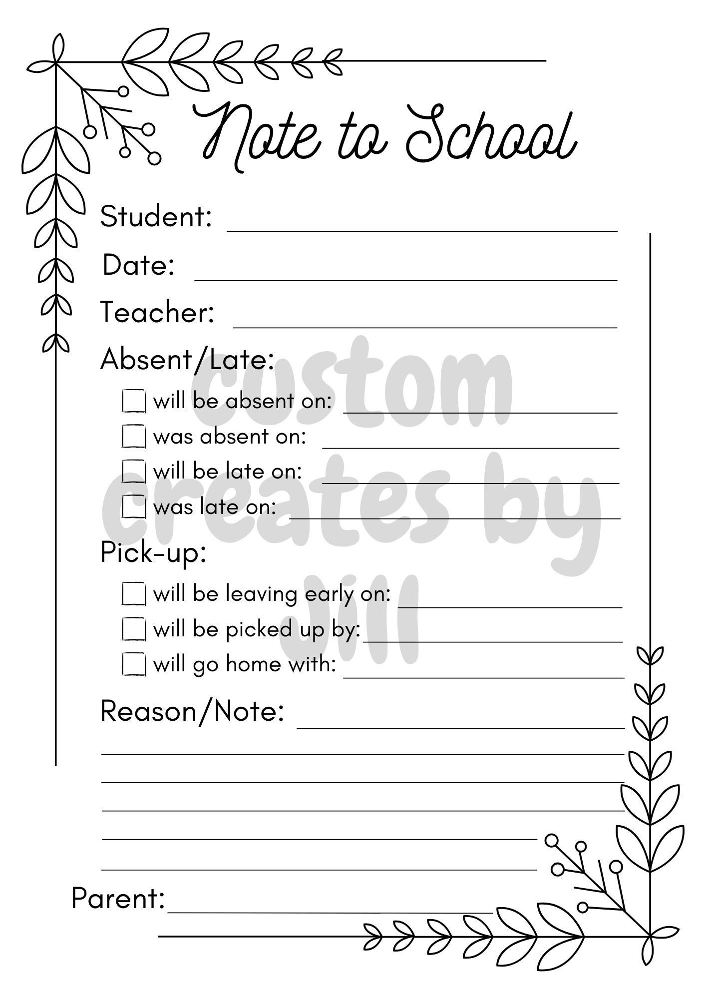 School Absent/late Note Digital File Printable - Letter and Half Letter ...