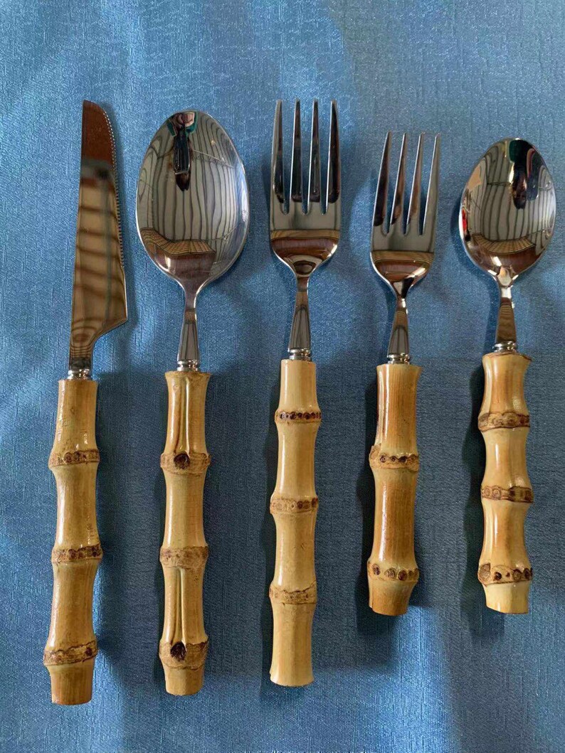 Real Bamboo Handle Silverware 5 Piece Set - Etsy
