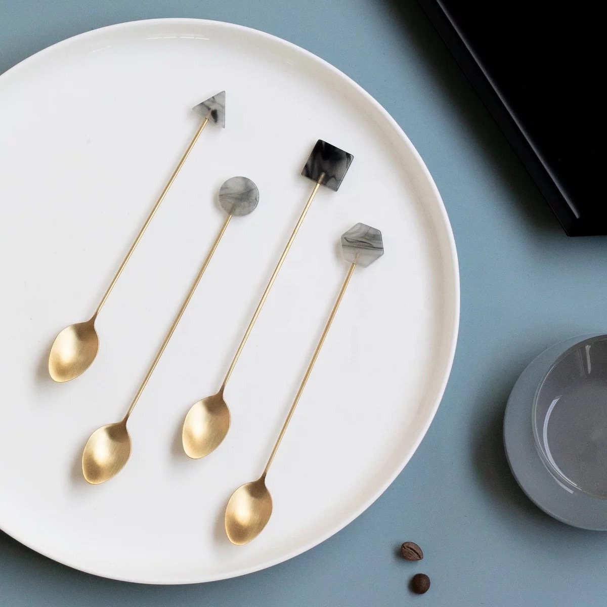 4 Piece Gold Dessert Spoon Marble Shaped Handle - Etsy