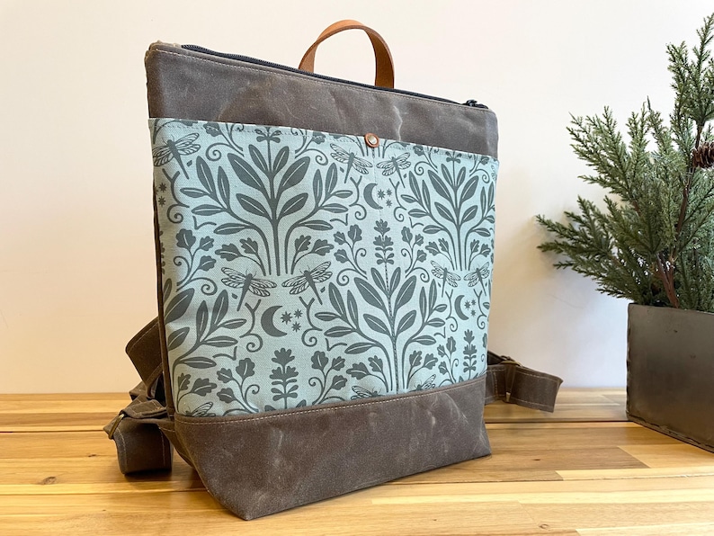 Waxed Canvas Backpack Purse: Screen Printed Floral Dragonfly Bag - Etsy