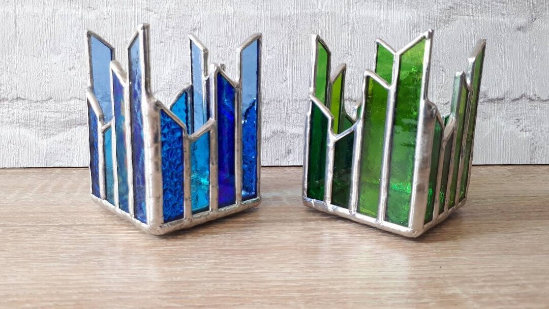 Stained Glass Tea Light Holder: Geometric Prism Art Deco Decor - Etsy
