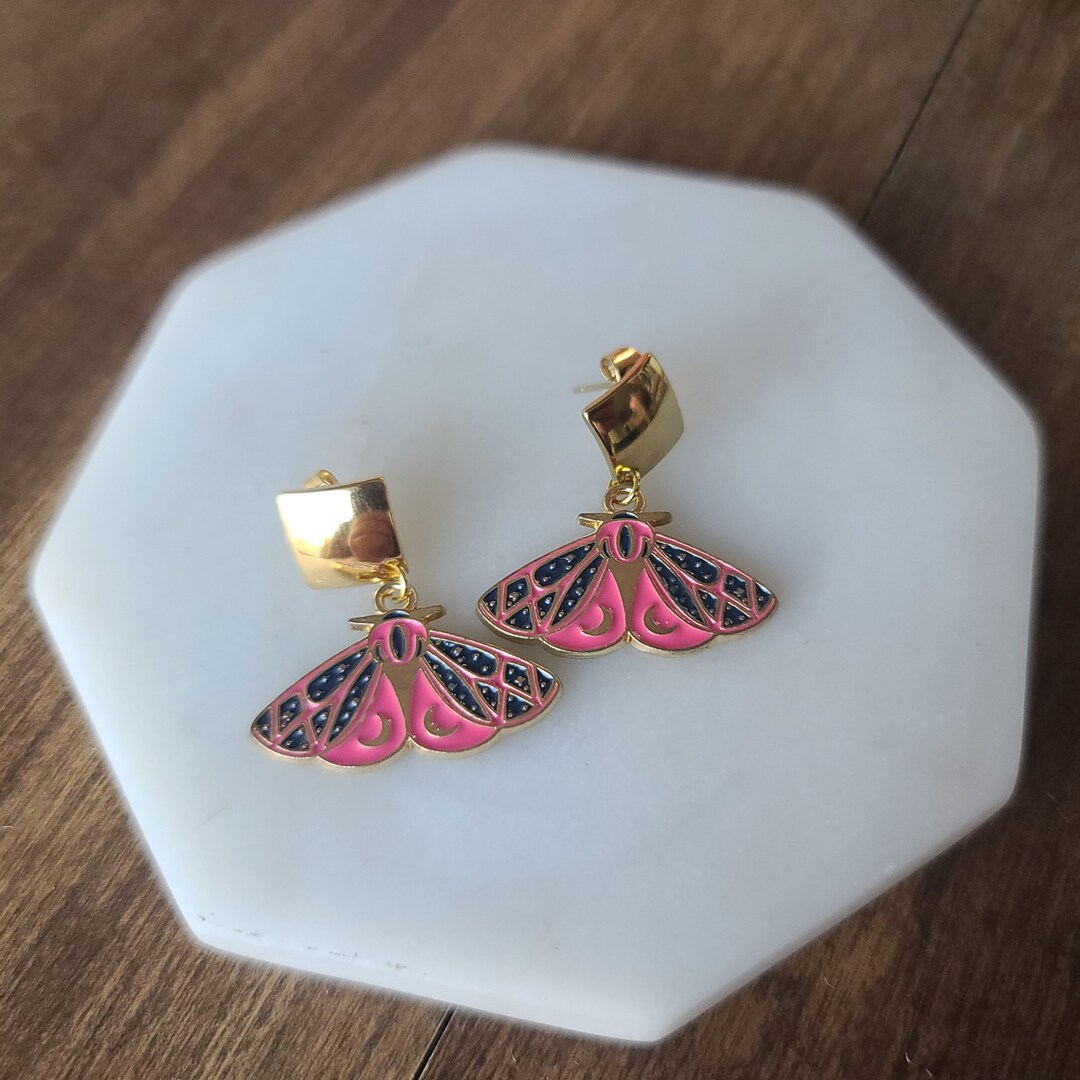 Handmade Punky Boho Pink Moon Moth Earrings - Etsy
