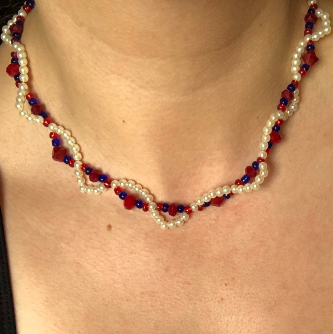Red, White and Blue Pattern Seed Bead and Pearl 18" Princess Length ...