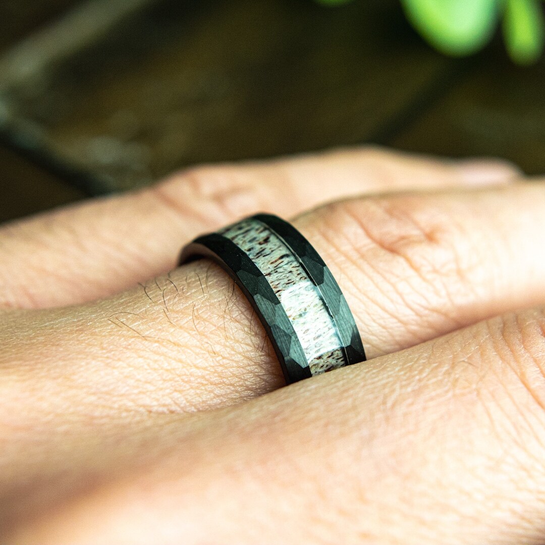 Antler Mens Wedding Ring Men's Wedding Band Hammered - Etsy