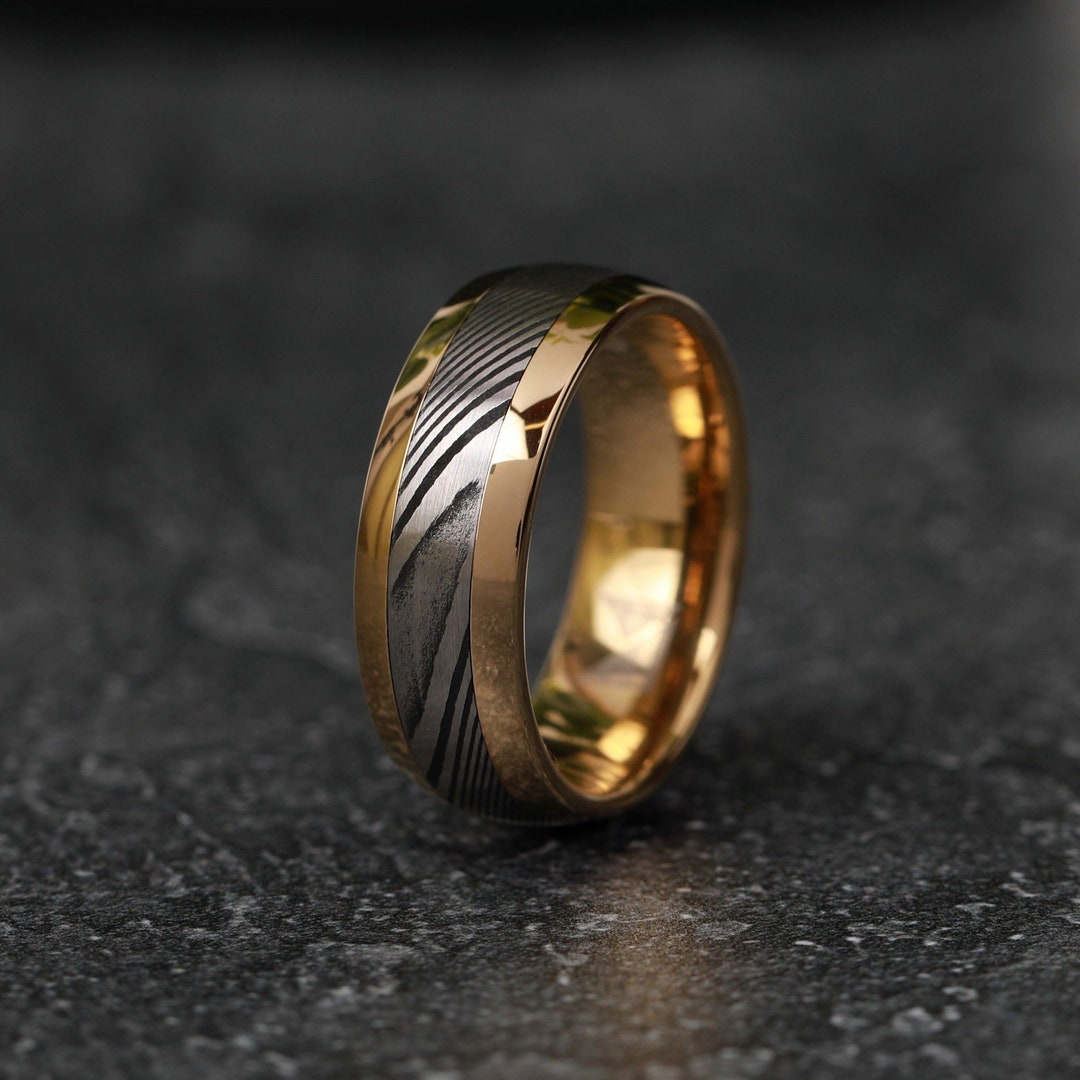 Damascus Steel Ring -yellow Gold Mens Wedding Ring Damascus Engagement ...