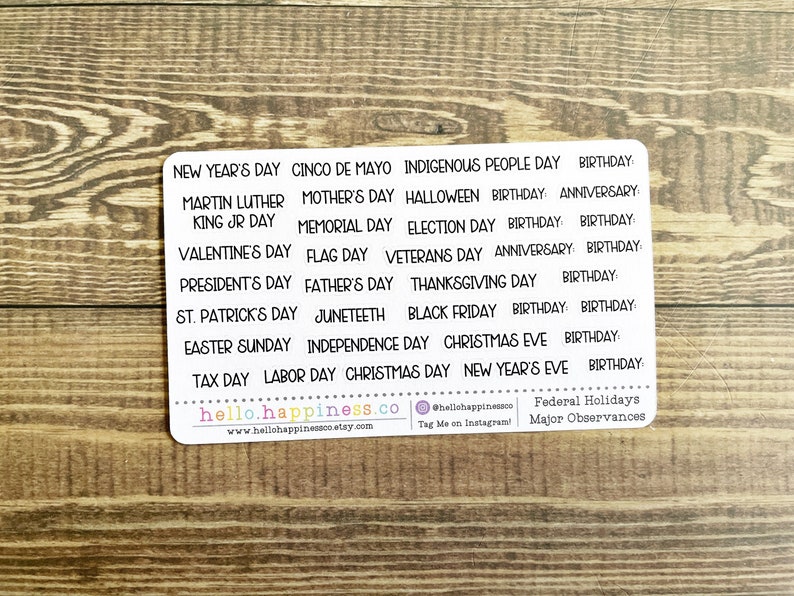 MINI Sheet - Federal US Holidays and Major Observances - 3x5in Sheet - Etsy