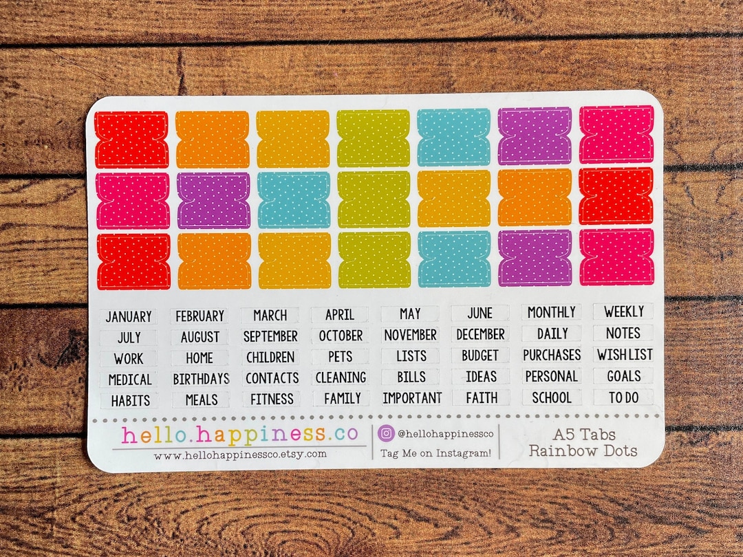 A5 Planner Tab Stickers With Header Stickers - Rainbow Dots - Printed ...