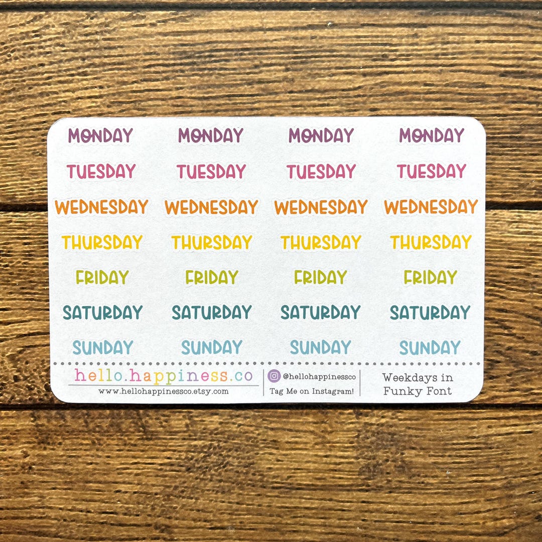 Days of the Week Planner Stickers - Funky Font - Colorful & Black Font ...