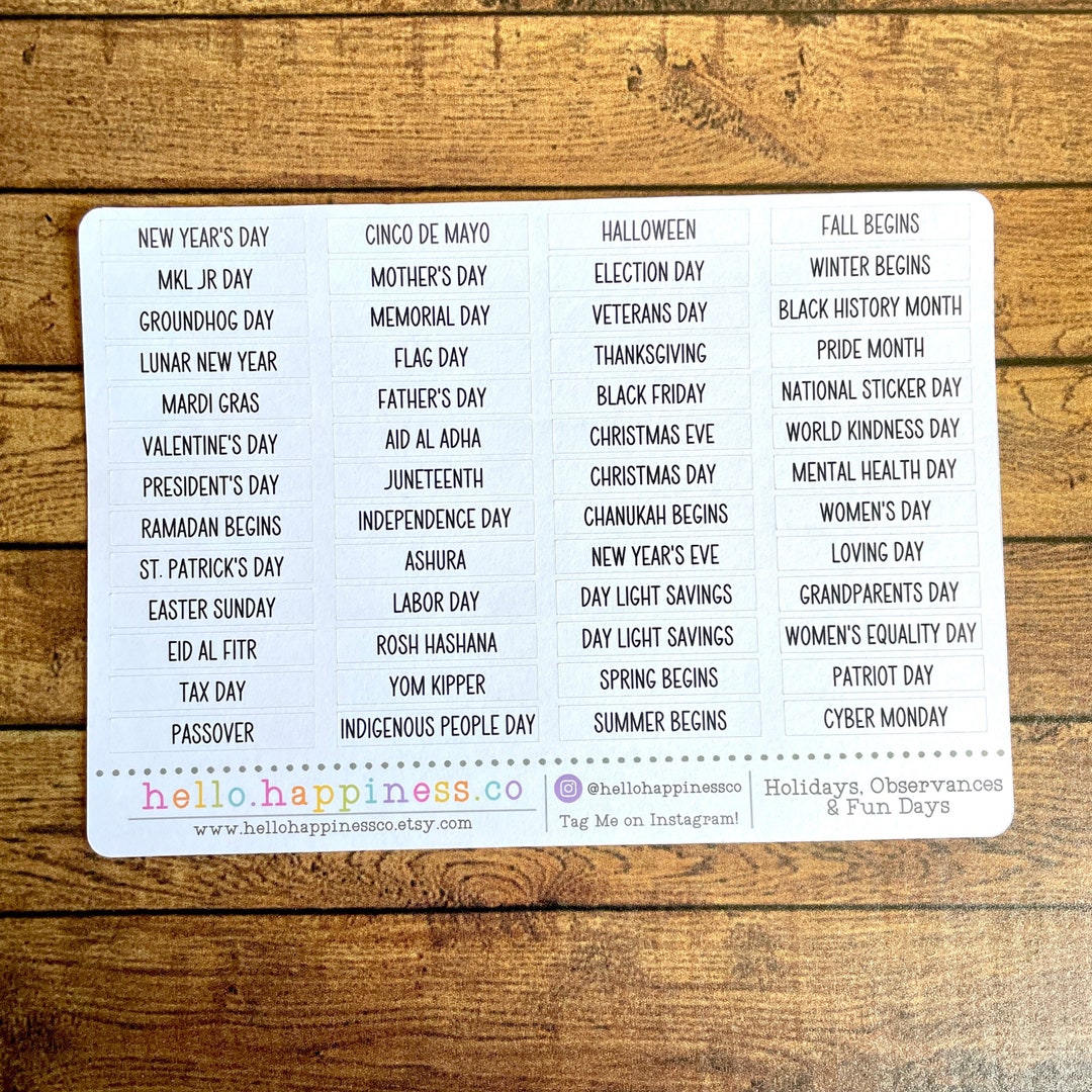 Holidays, Observances, Fun Days & Monthly Celebrations Planner Stickers ...