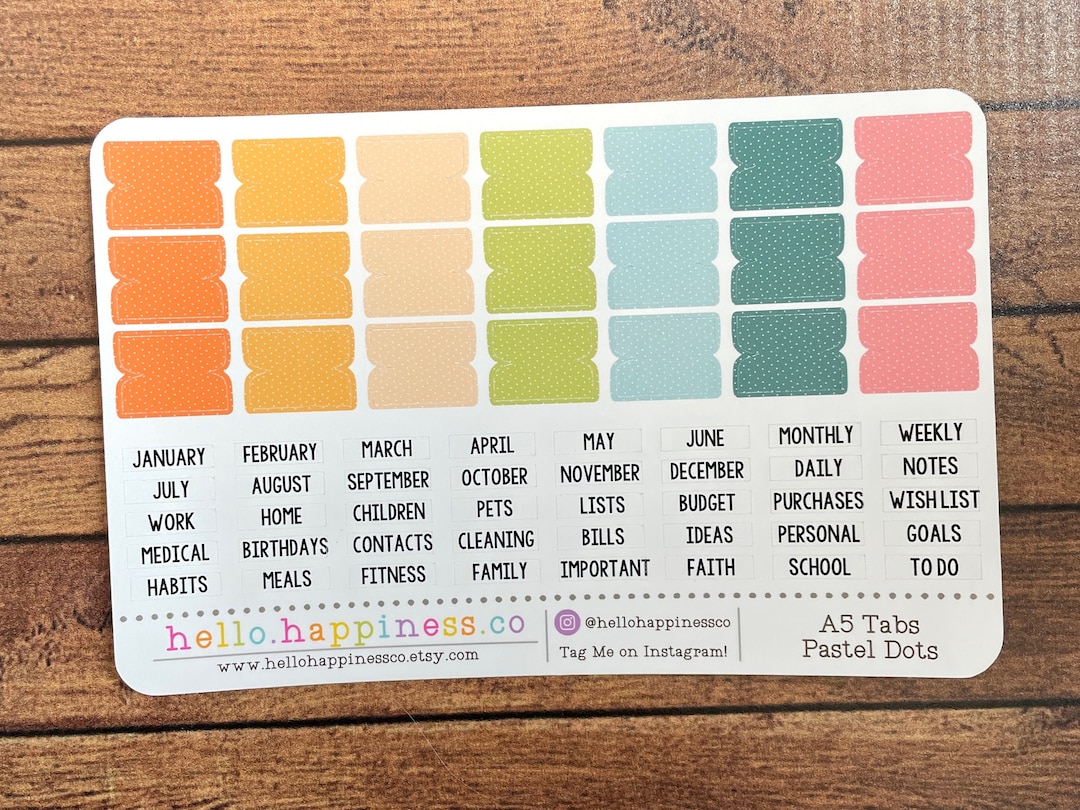 A5 Planner Tab Stickers With Header Stickers - Muted Rainbow Dots ...