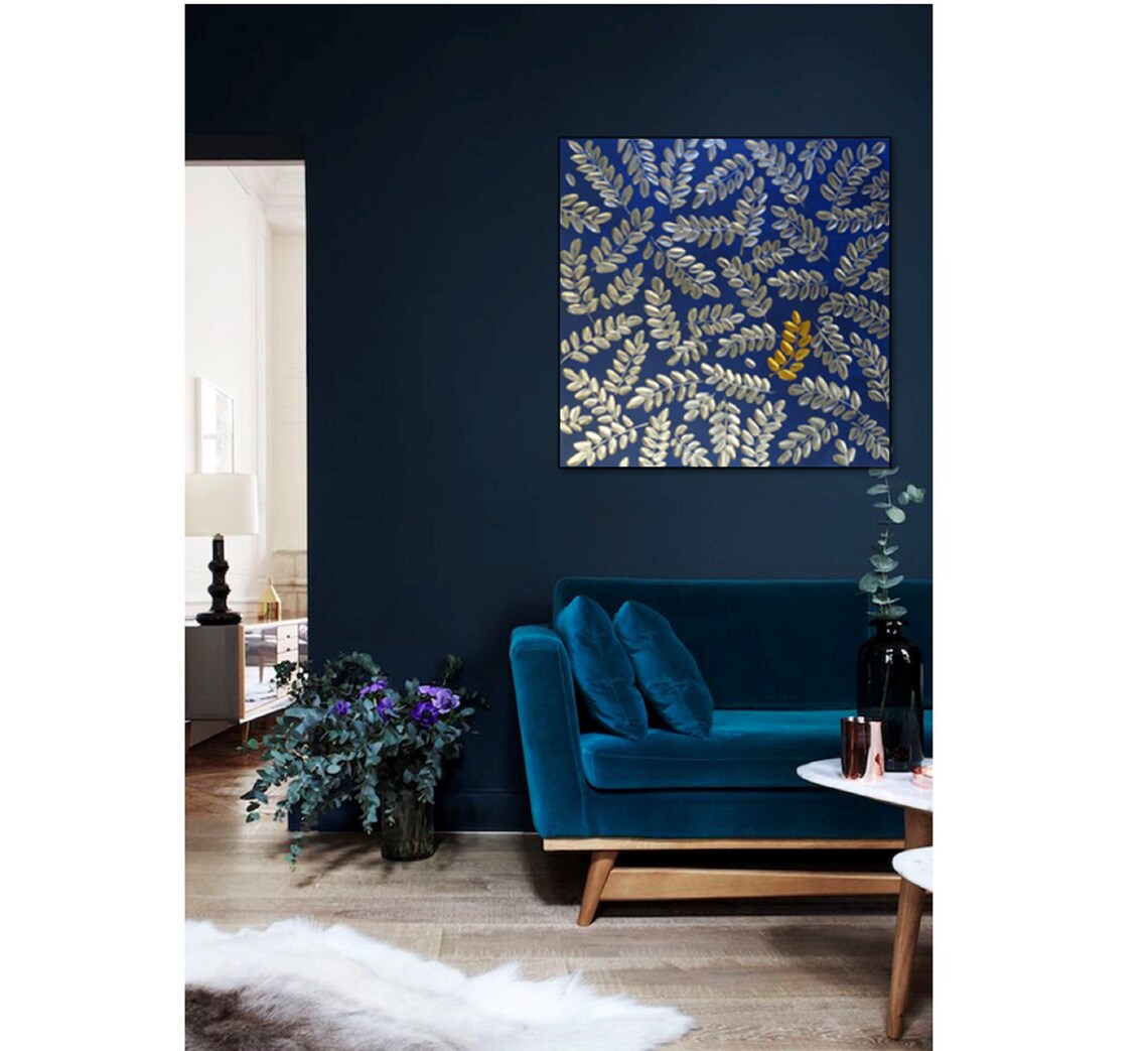 Blue Painting on Canvas Silver Textured Painting Acrylic - Etsy