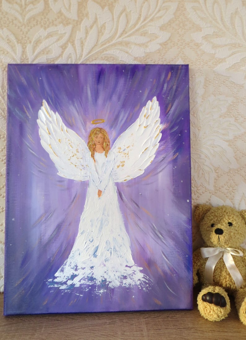 Guardian Angel Original Angel paintings White Angel wings wall | Etsy