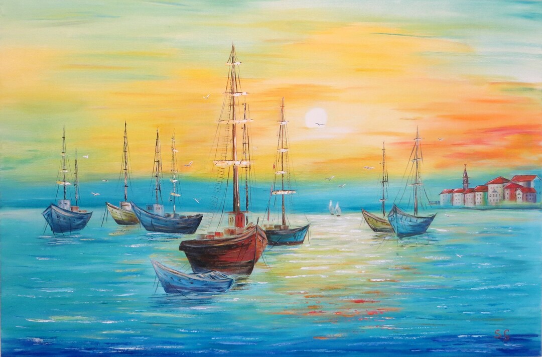 Ship Painting Sailing Ship Sail Boat Sunset Painting Seascape Painting ...