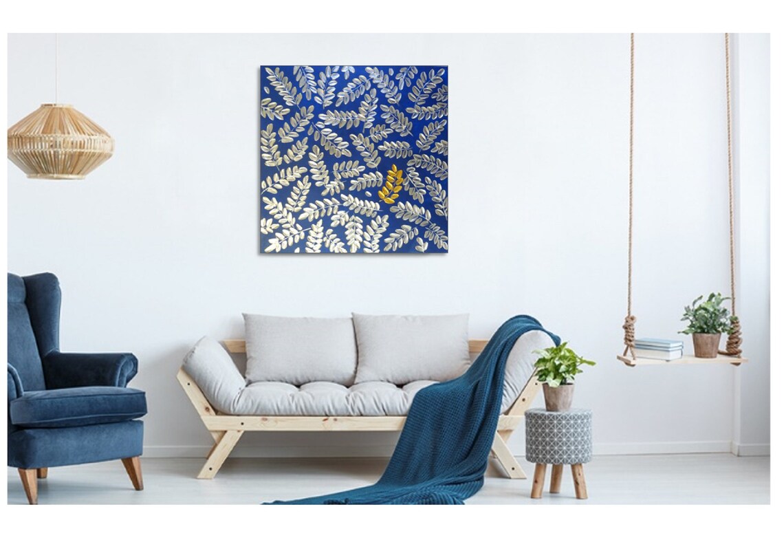 Blue Painting on Canvas Silver Textured Painting Acrylic - Etsy