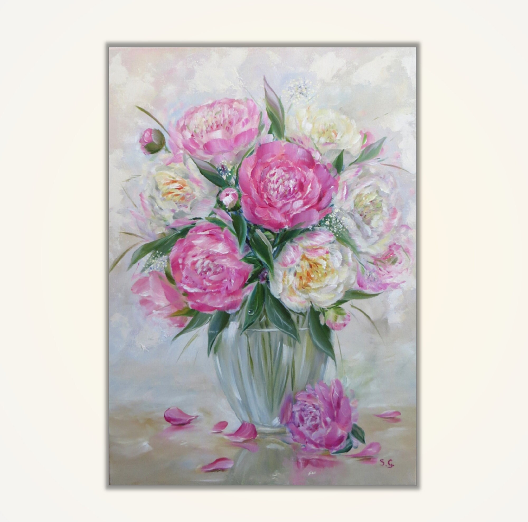 Acrylic Painting Rose Peony Art White Peonies Bouquet Flowers - Etsy