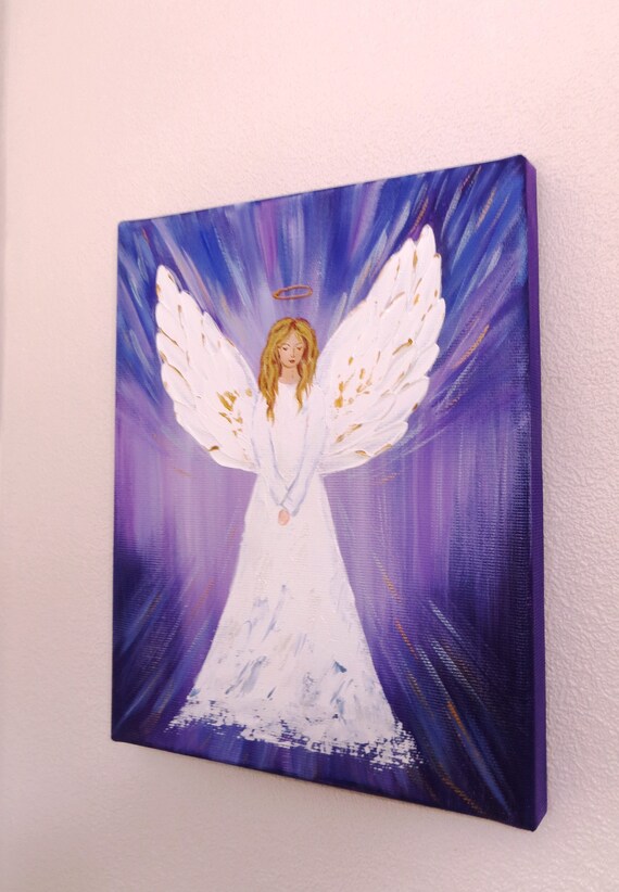 Original Angel Paintings Guardian Angel In Heaven White Angel Etsy