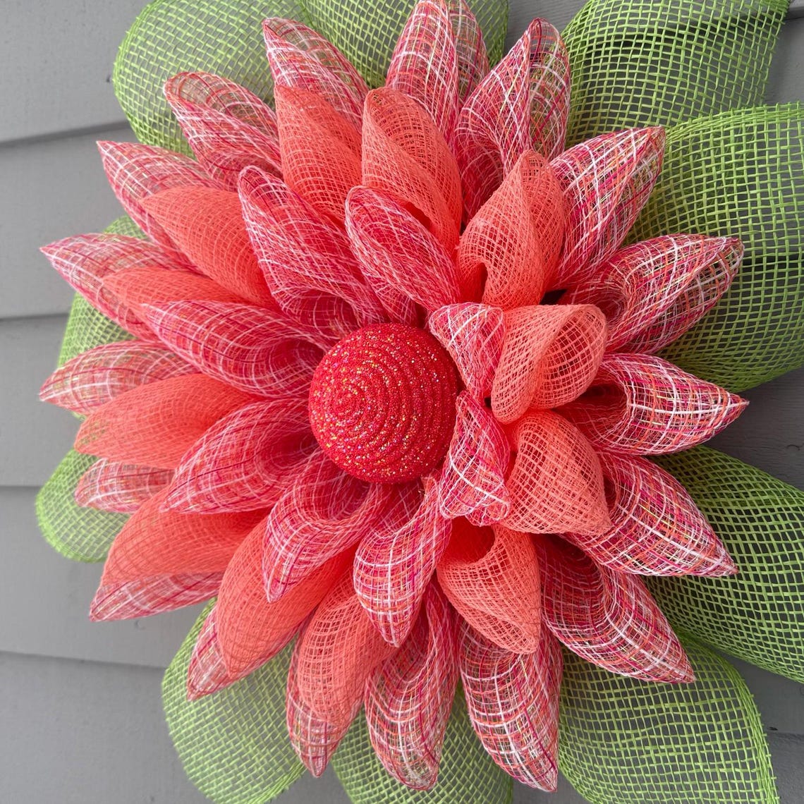 Peach and Pink Sunflower Wreath, Daisy Wreath, Mesh Wreath for Front ...