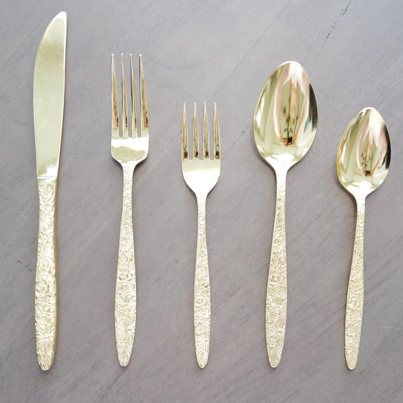 Ornate Gold Flatware W/ Floral Pattern Vintage Japanese Stainless Steel ...