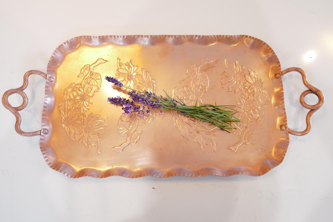 Vintage Copper Serving Tray With Flower Design and Scalloped Edges Snack Tray Polished and ...