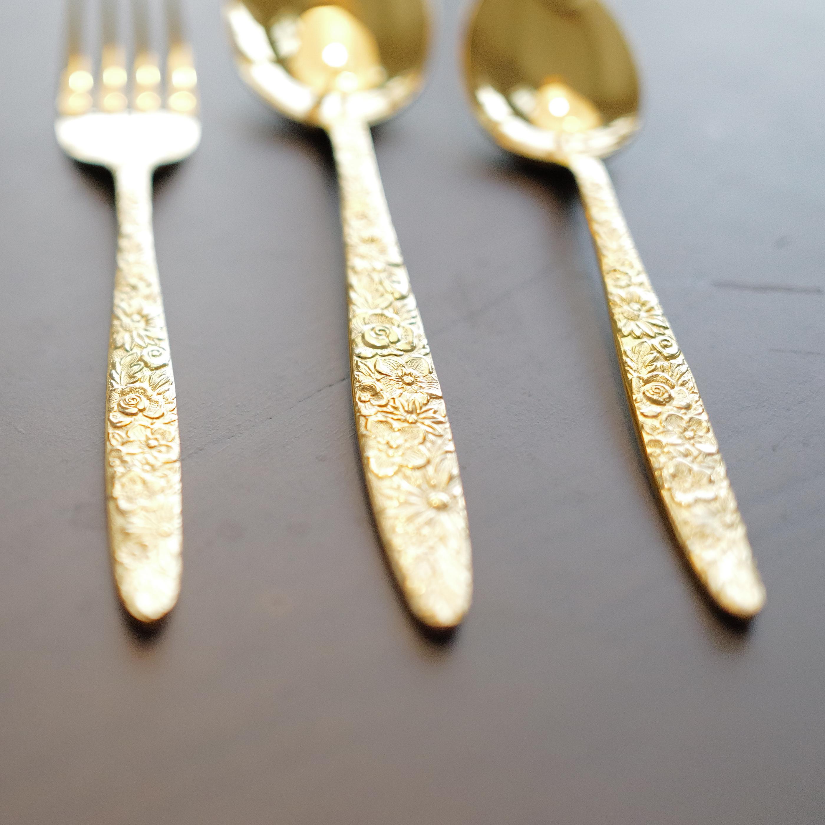 Ornate Gold Flatware W/ Floral Pattern Vintage Japanese Stainless Steel ...