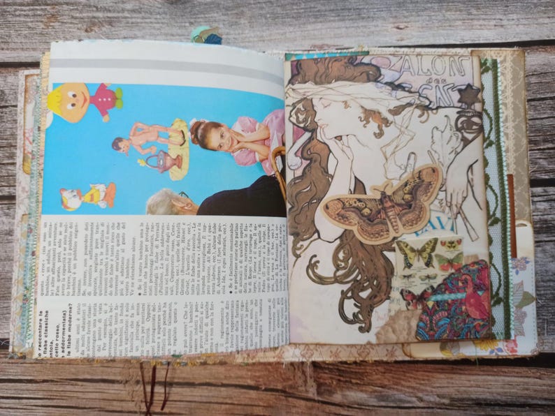 Big Fabric and Vintage Lace Junk Journal, Child and Puppy, 9x7 Inches ...