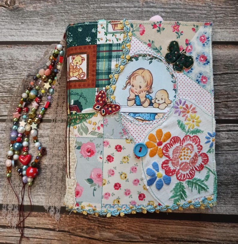 Big Fabric and Vintage Lace Junk Journal, Child and Puppy, 9x7 Inches ...