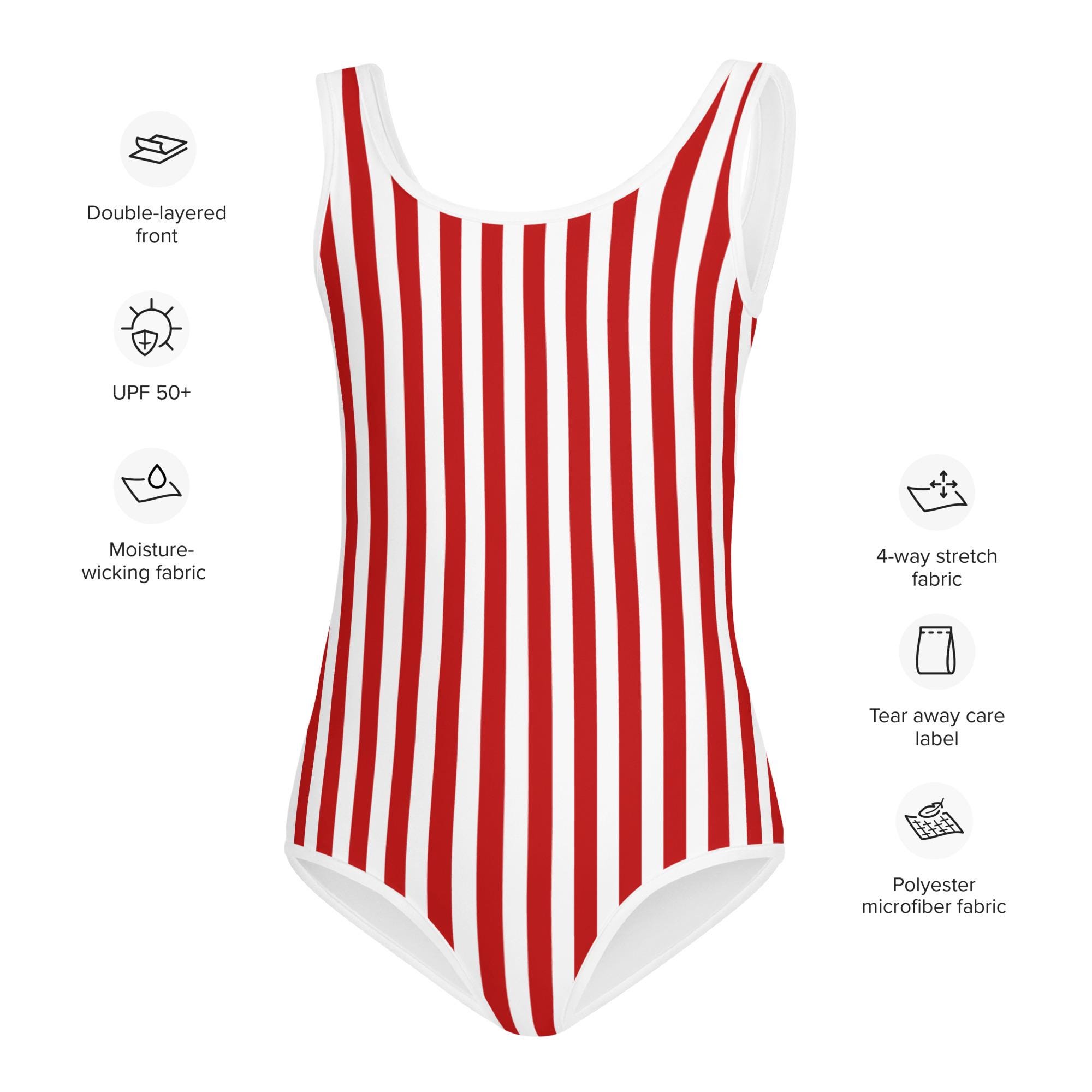 Striped Sids Swimsuit, Red White Stripes Girls Swimming Costume ...