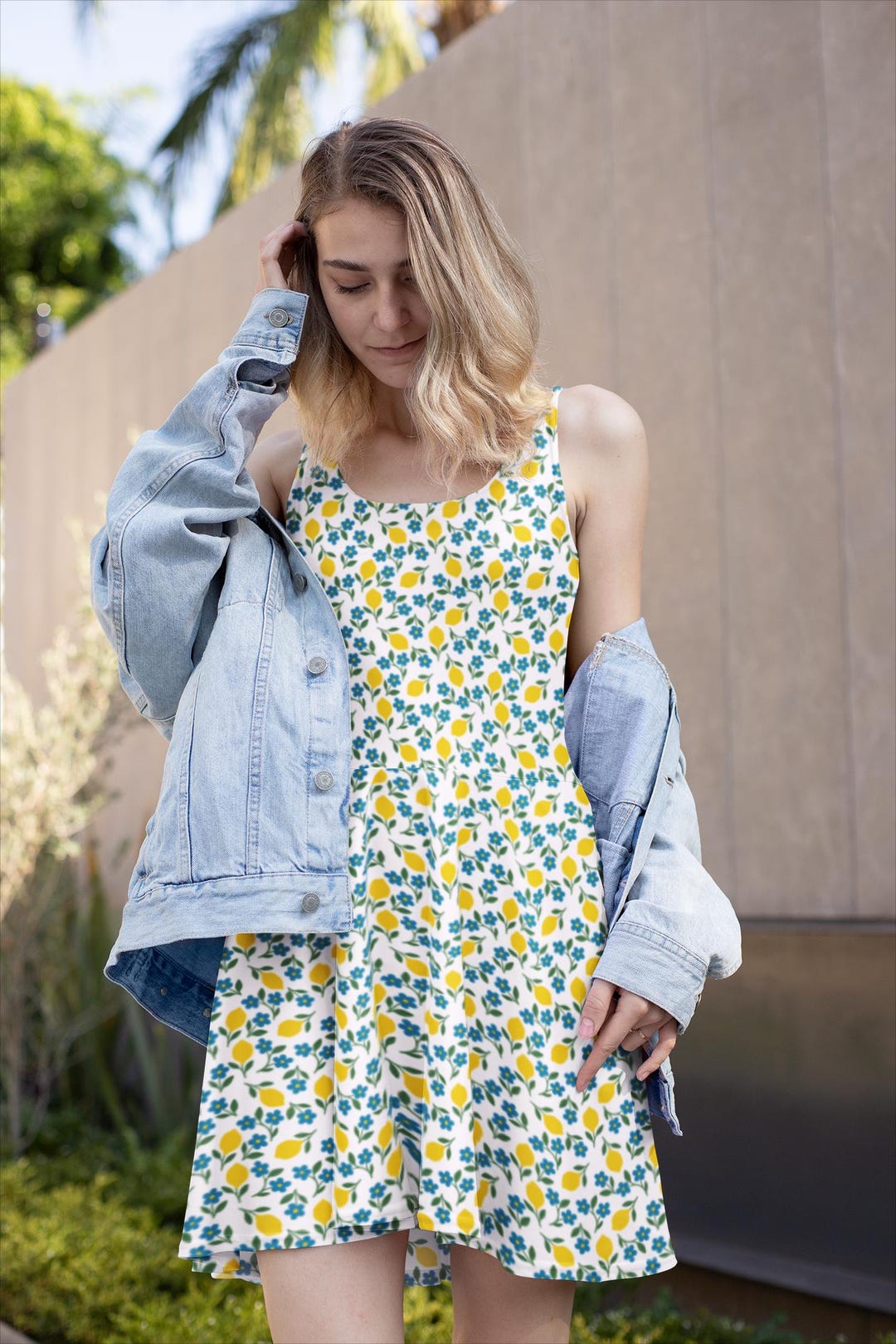 Skater Dress With Forget Me Not Lemon Print, Floral Citrus Pattern ...