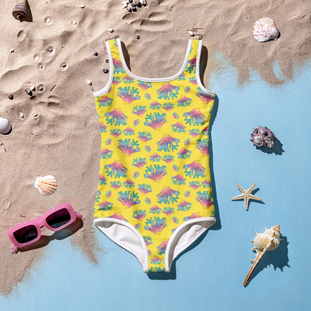 Kids Swimsuit, Yellow Girls Swimming Costume, Corals Children Swimmers ...