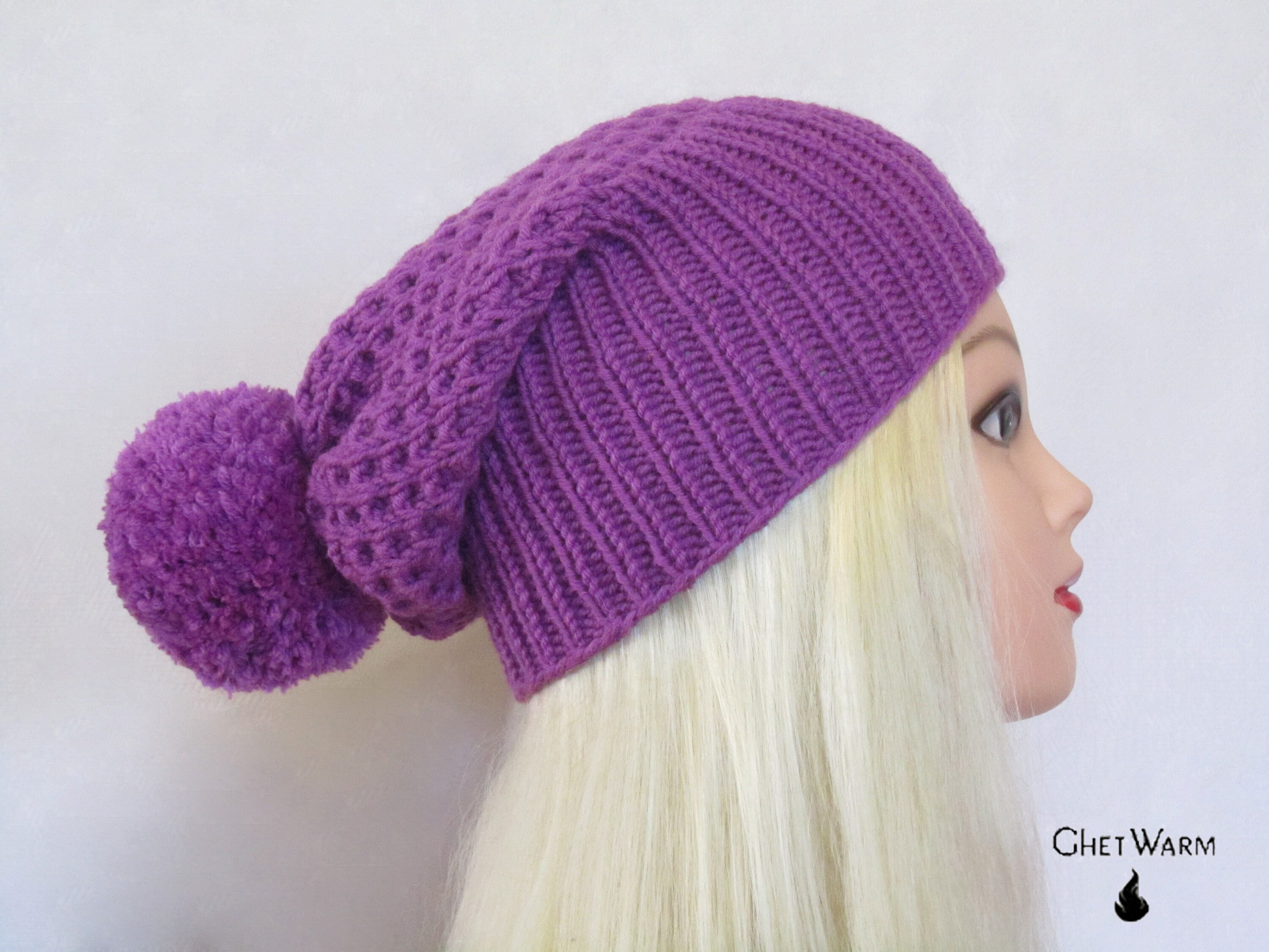 Wool Winter Hand Knit Lilac Beanie Hat. Head Accessorie. Head Dress ...