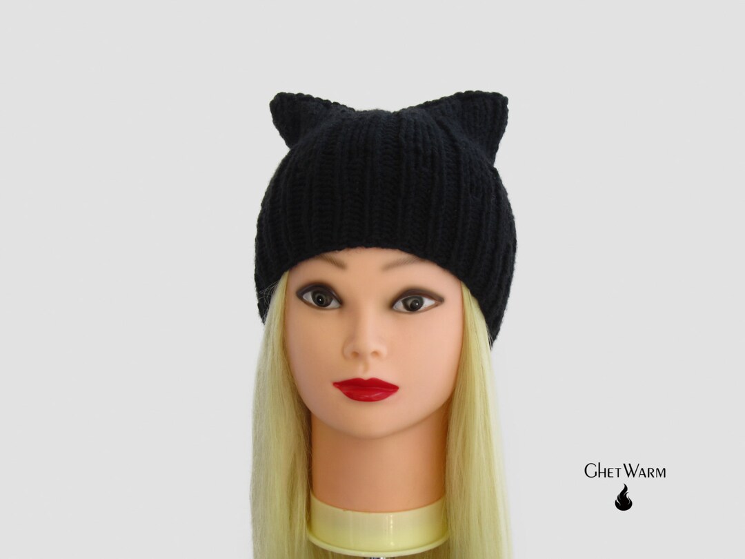 Black Wool Knitten Handmade Hat With Cat's Ear. Kitty Ears Hat. Cat Ear ...