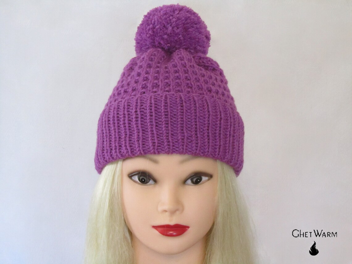 Wool Winter Hand Knit Lilac Beanie Hat. Head Accessorie. Head Dress ...
